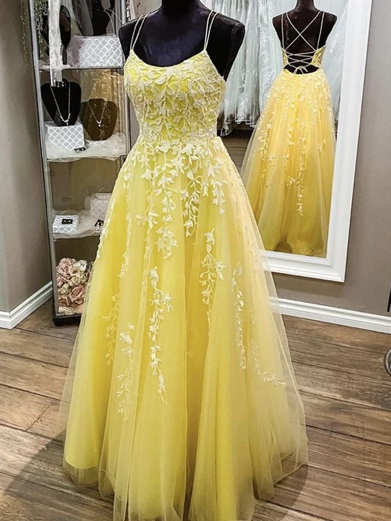 Scoop Neck Long Yellow Prom Dress With White Lace on Luulla