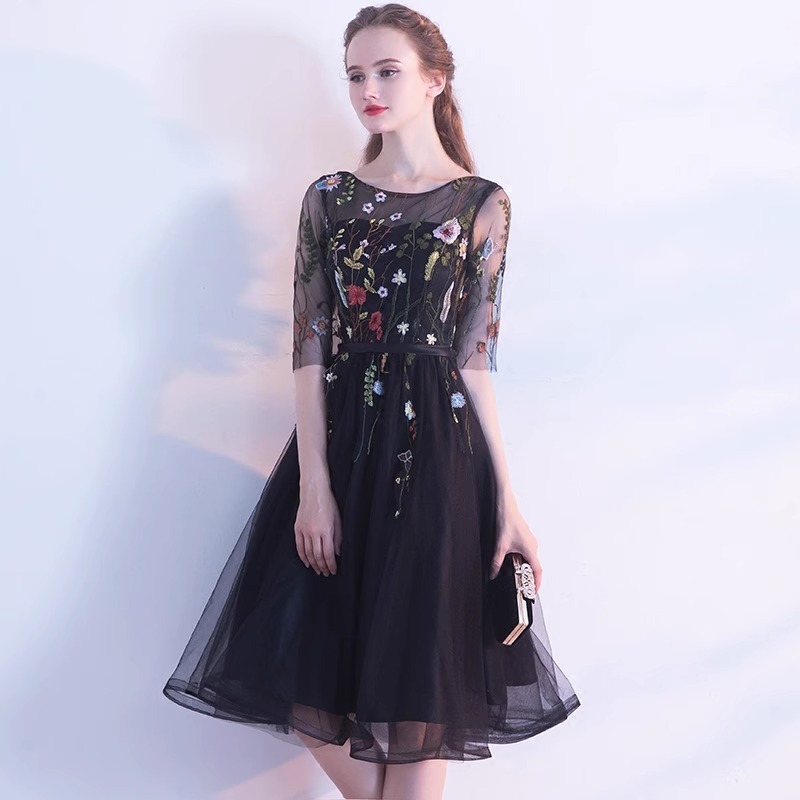 Half Sleeves Black Floral Short Party Dress on Luulla