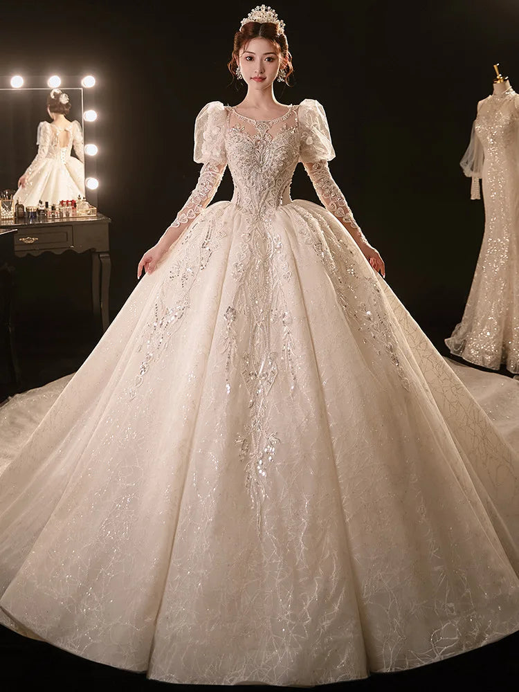 Elegant Bridal Ball Gown With Lace Appliques And Sleeves on Luulla