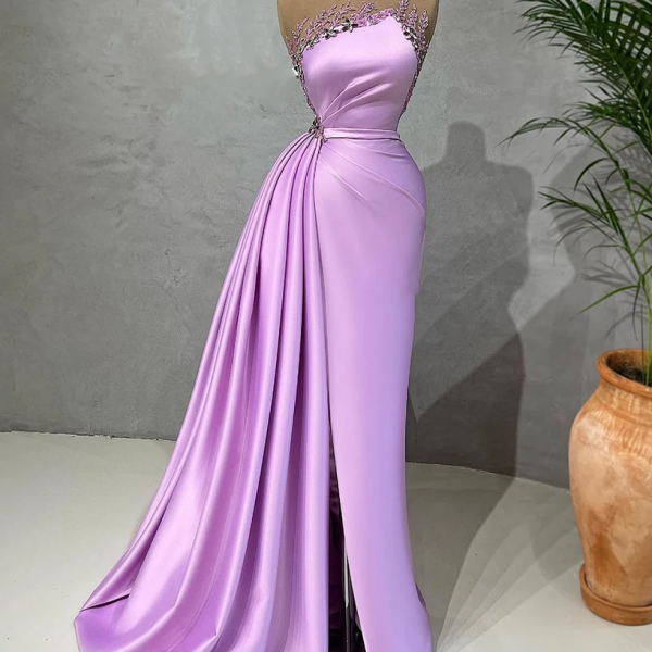 Sleeveless Sheer Neck Long Pageant Dress Split Evening Gown With Beads ...