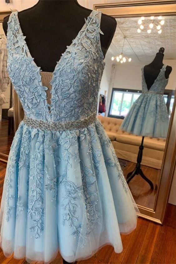 Mesh Plunging Neck Pastel Blue Short Graduation Dress on Luulla