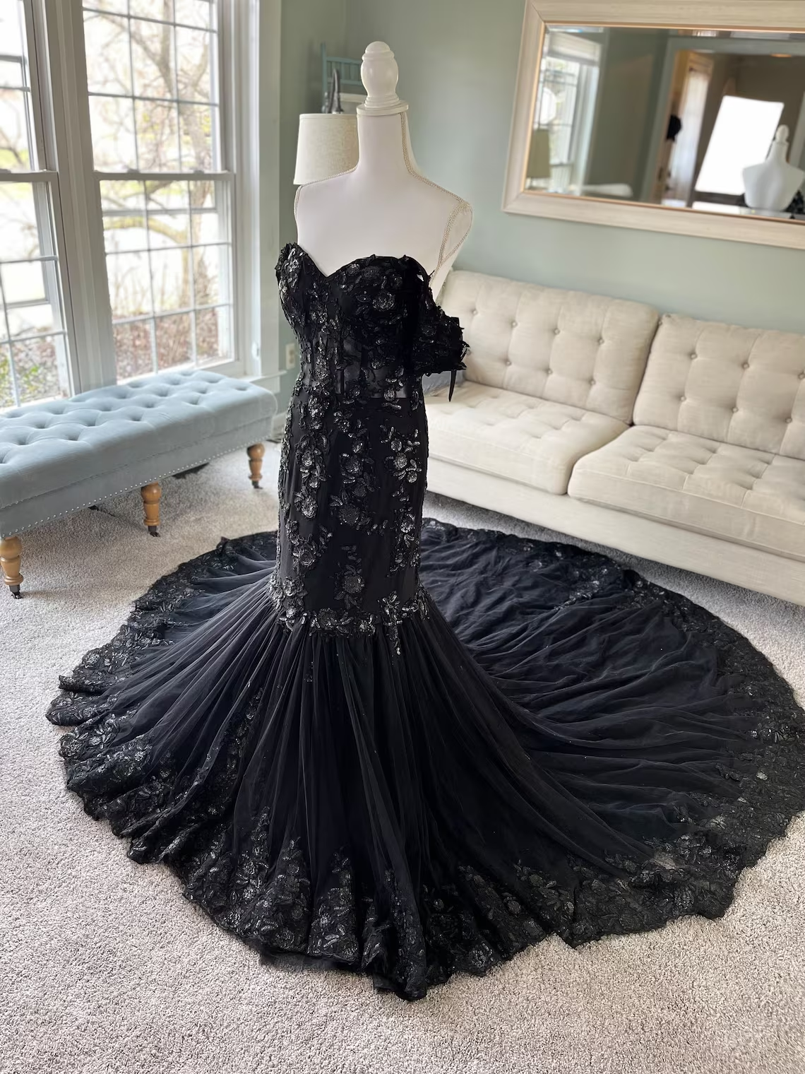Off Shoulder Black Mermaid Wedding Dress With Sequin Appliques on Luulla