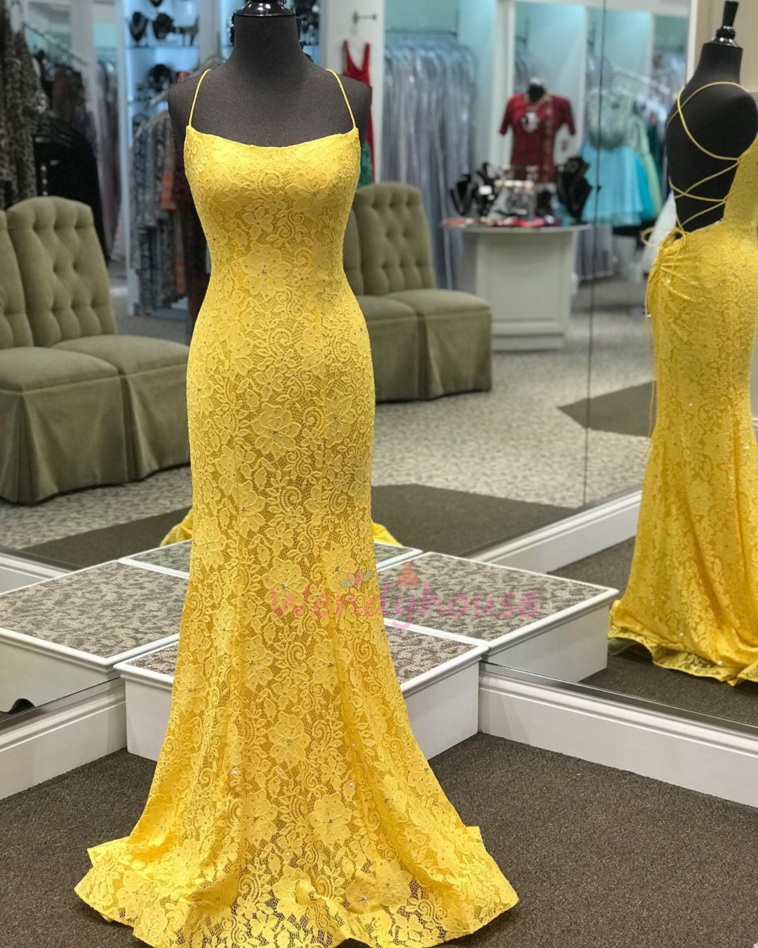 Sleeveless Scoop Neck Yellow Lace Prom Dress on Luulla