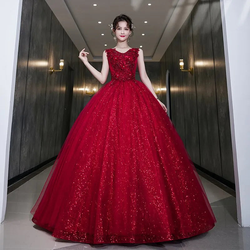 Elegant Red Sequined Ball Gown With Sleeveless Design on Luulla