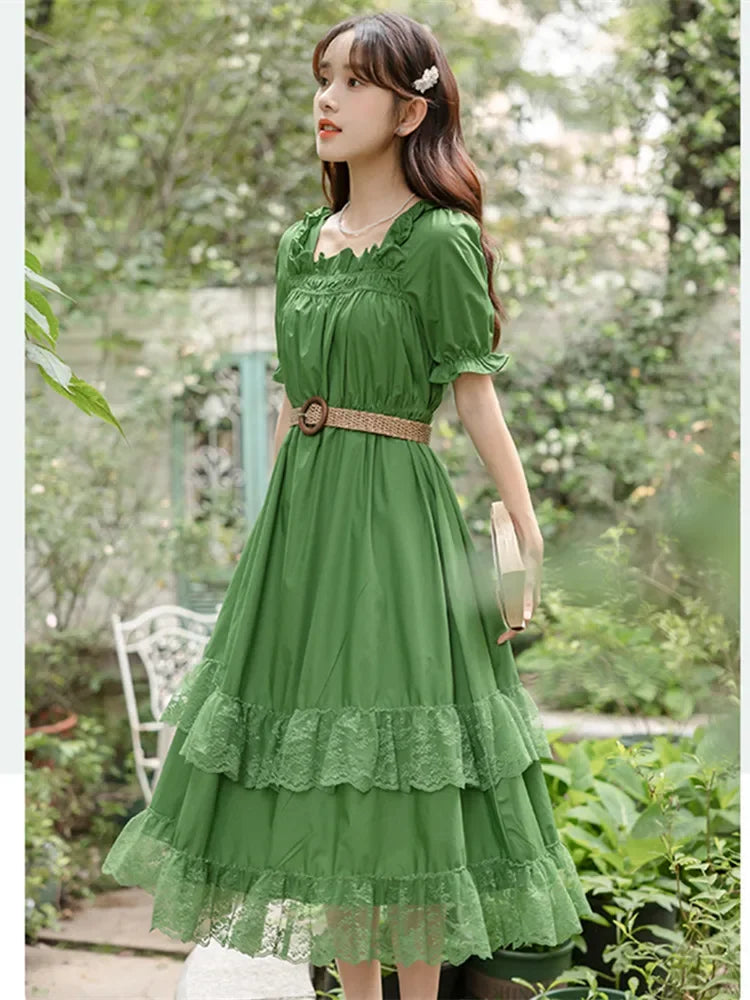 Vintage Green Ruffled Dress With Belted Waist on Luulla